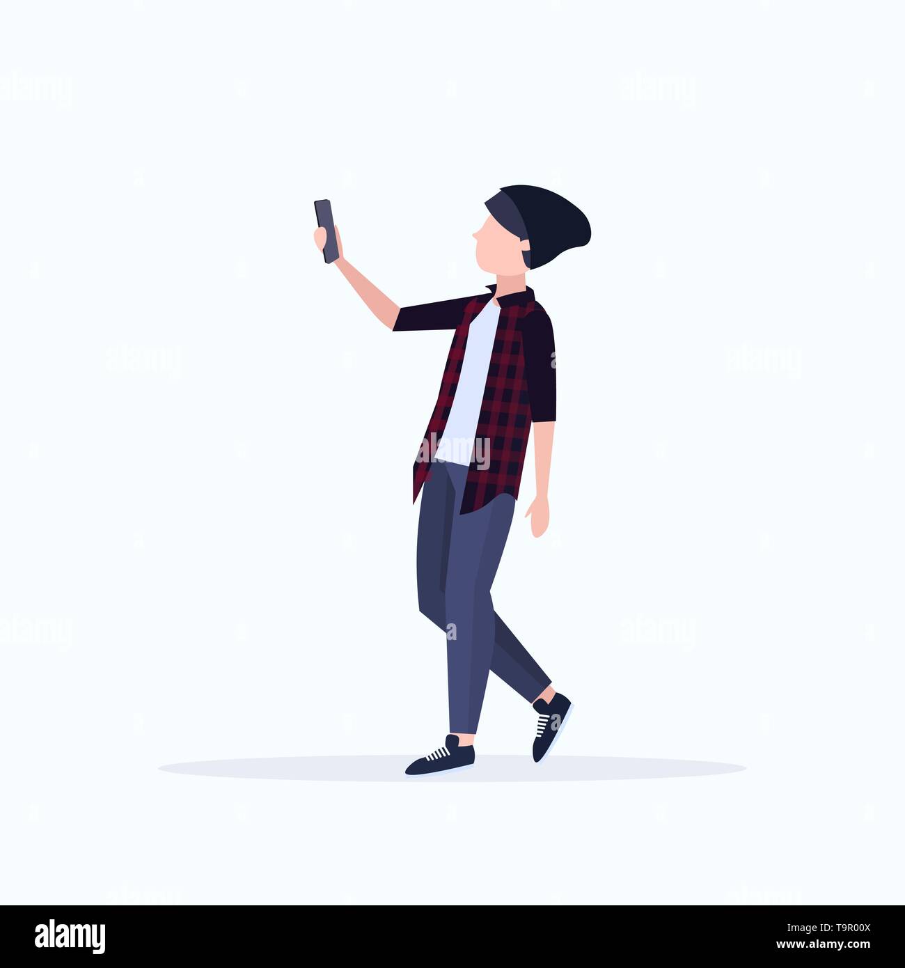 man taking selfie photo on smartphone camera casual male cartoon ...