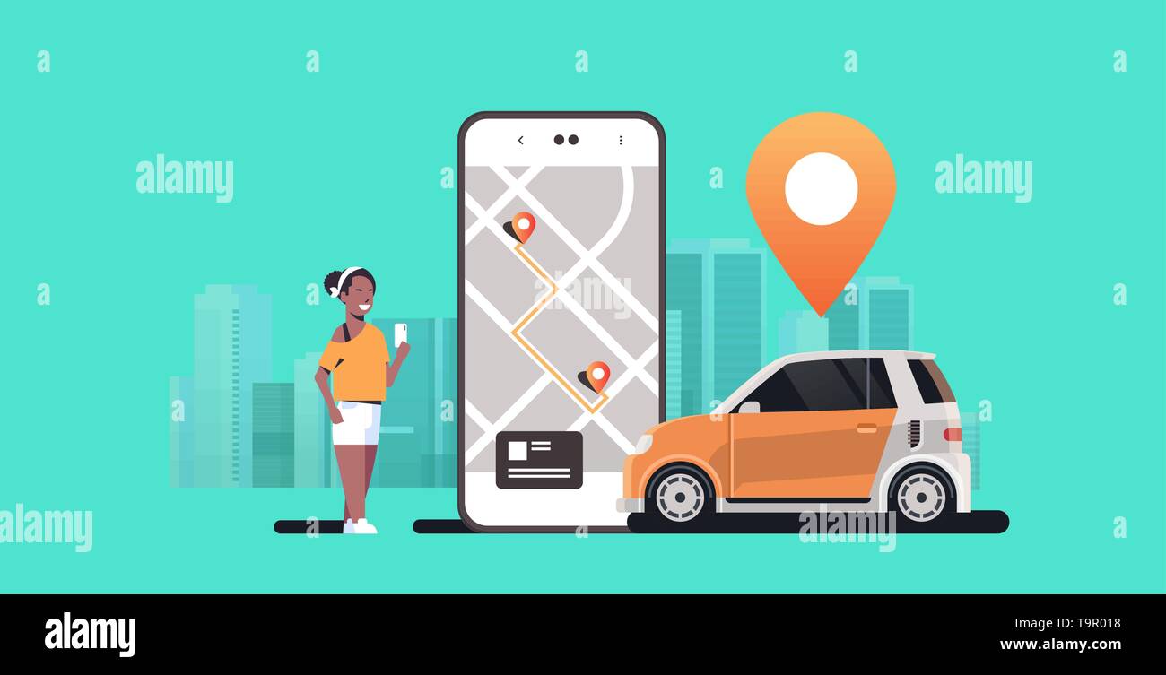 african woman using mobile app ordering automobile vehicle with ...