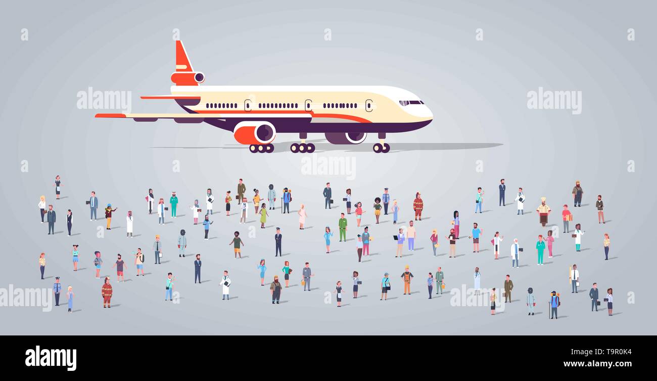 people group on airport terminal with aircraft flying plane different ...