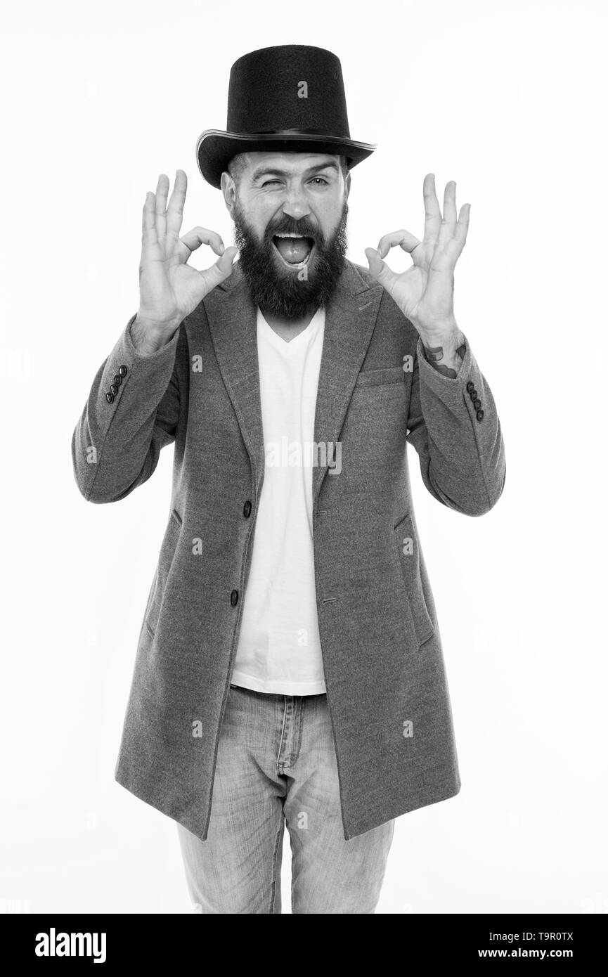 Circus magic trick performance. Magician circus worker. Man bearded guy ...