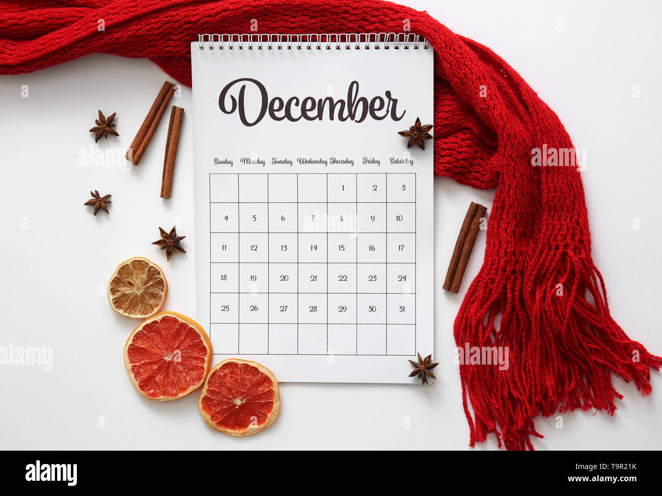 Calendar page of December on white background Stock Photo - Alamy