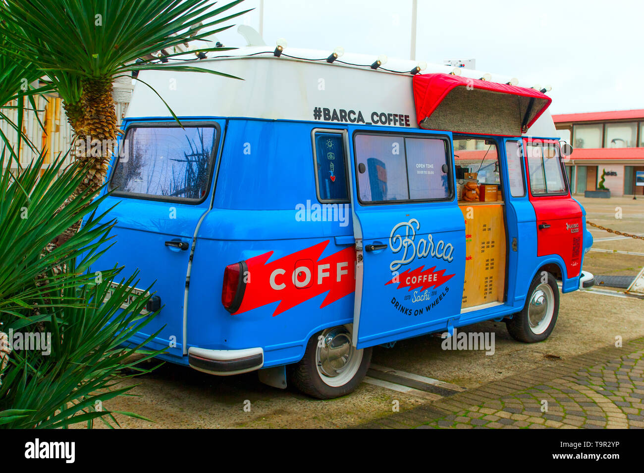 SOCHI,RUSSIA, 18 APRIL 2019- bright red and blue retro food truck with ...