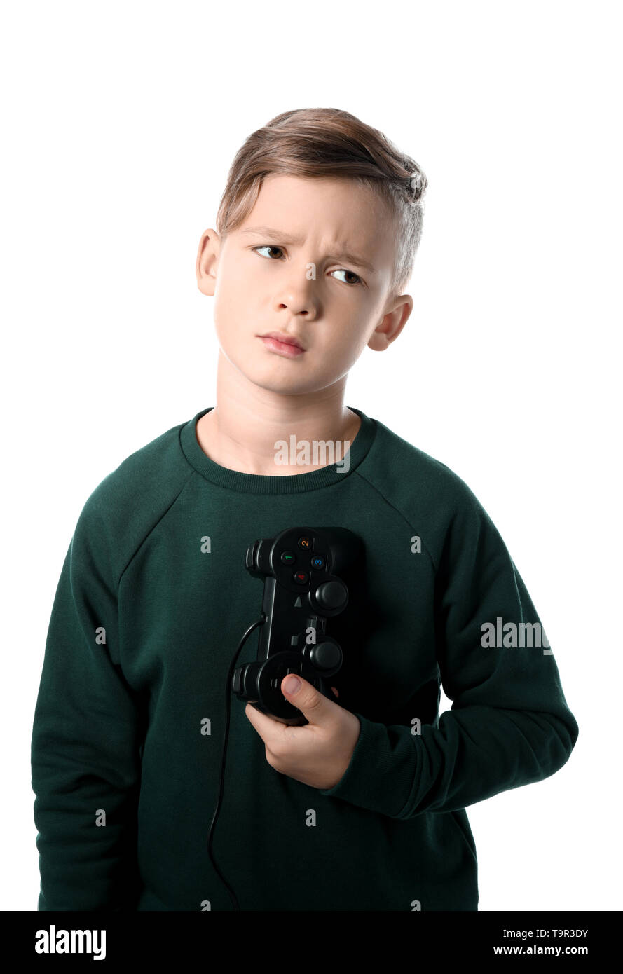 Sad boy after losing video game on white background Stock Photo - Alamy