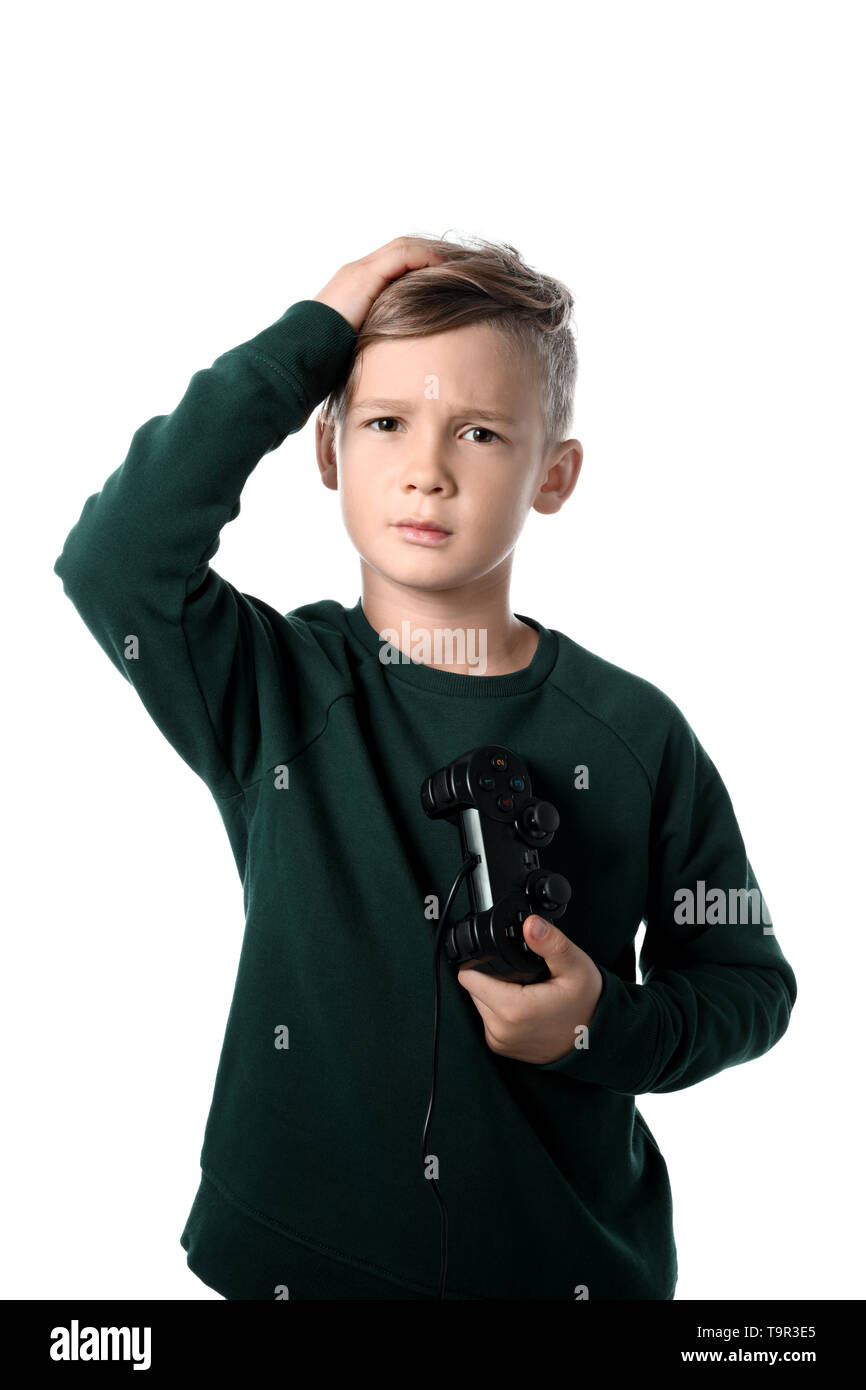 Sad boy after losing video game on white background Stock Photo - Alamy