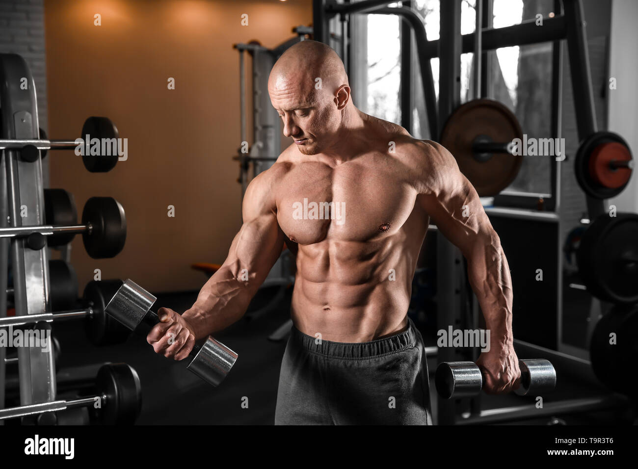 Muscular man training with dumbbells in gym Stock Photo - Alamy