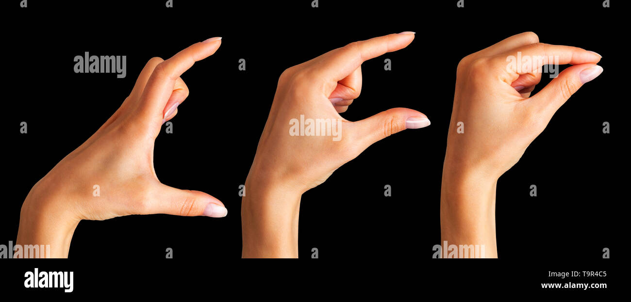Set of woman hands holding something with two fingers Stock Photo - Alamy
