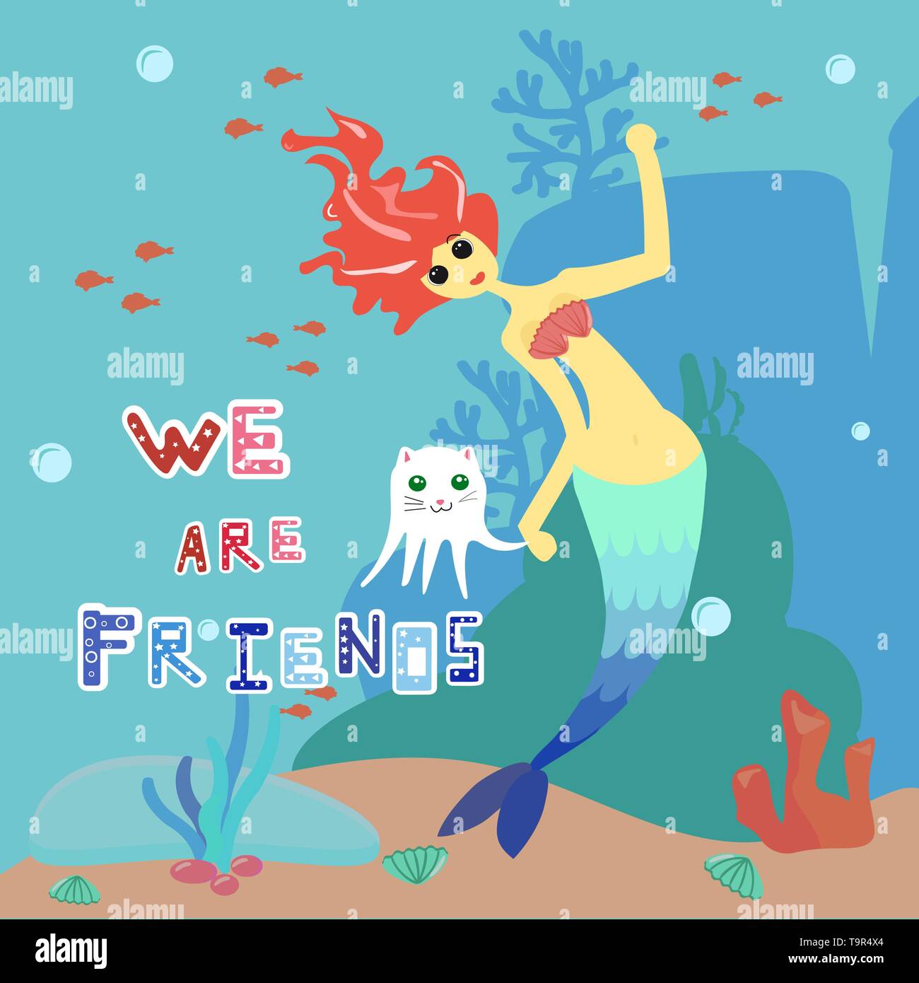 Mermaid and cat-octopus. Cartoon character girl with red hair and blue ...