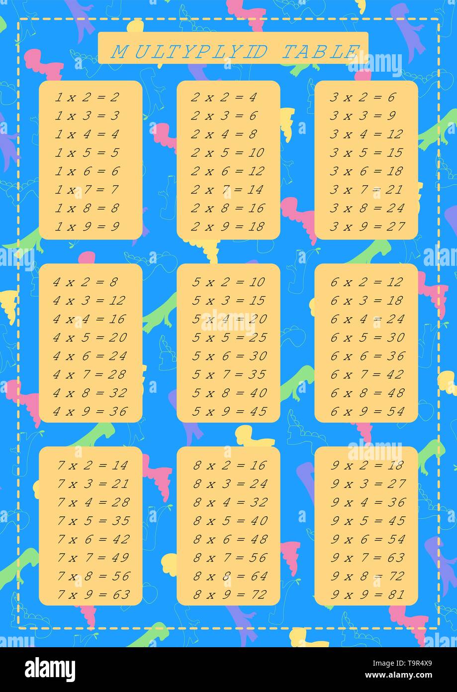 Dinosaur pattern and multiplication table. Columns on a blue background ...