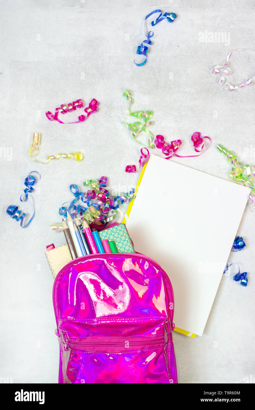 Back to school concept. Backpack with school supplies. Top view. Copy ...