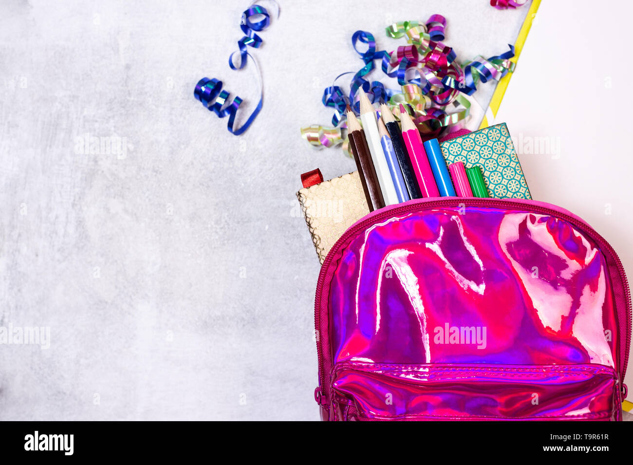 Back to school concept. Backpack with school supplies. Top view. Copy ...