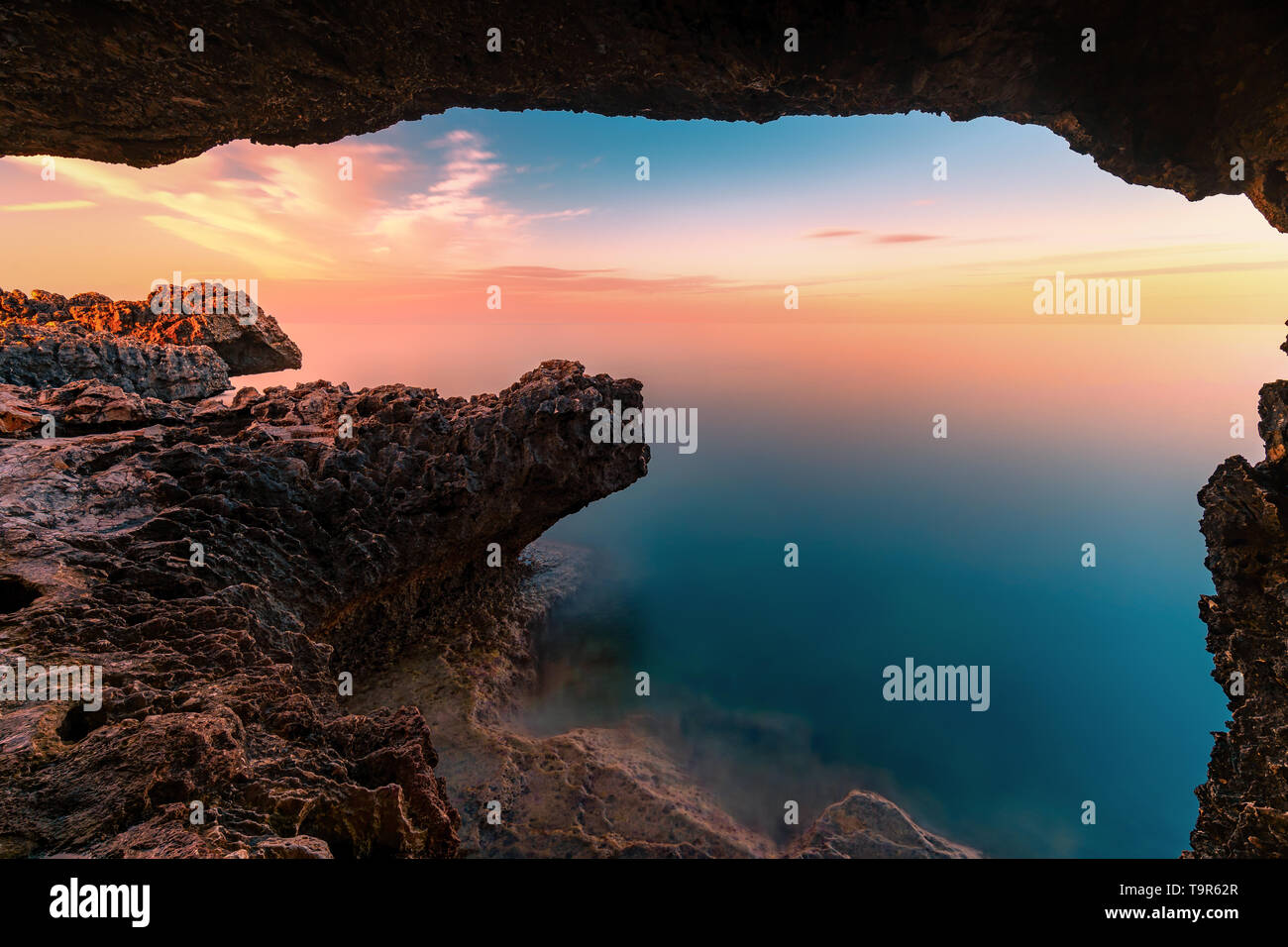 Amazing sunset image of Cape Greco cliffs and rocks on a sunset in ...