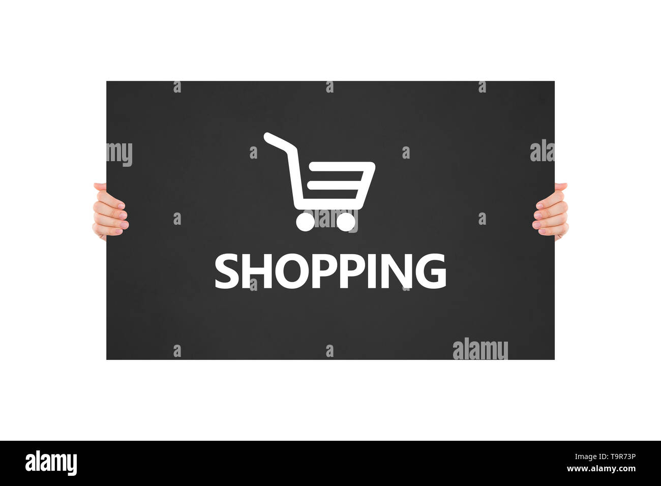 Shopping sign on black board, isolated on white background Stock Photo ...
