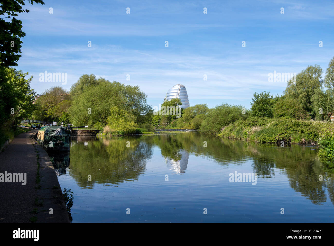 The National Space Centre, reflected in the River Soar in Leicester ...