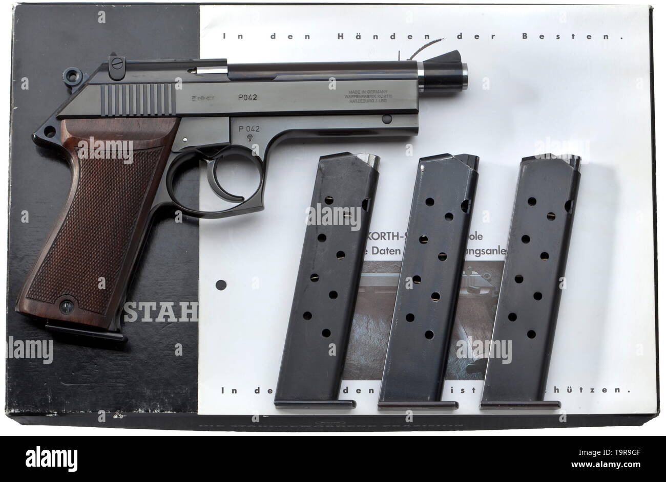 A Korth pistol, in a box 9 mm cal. Parabellum, no. P042. Mirror-like ...