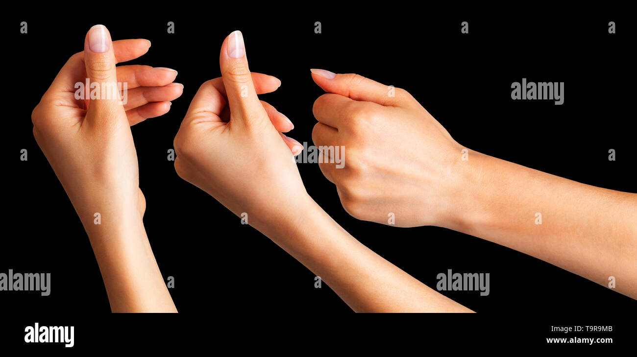 Set of woman hands holding something with two fingers Stock Photo - Alamy