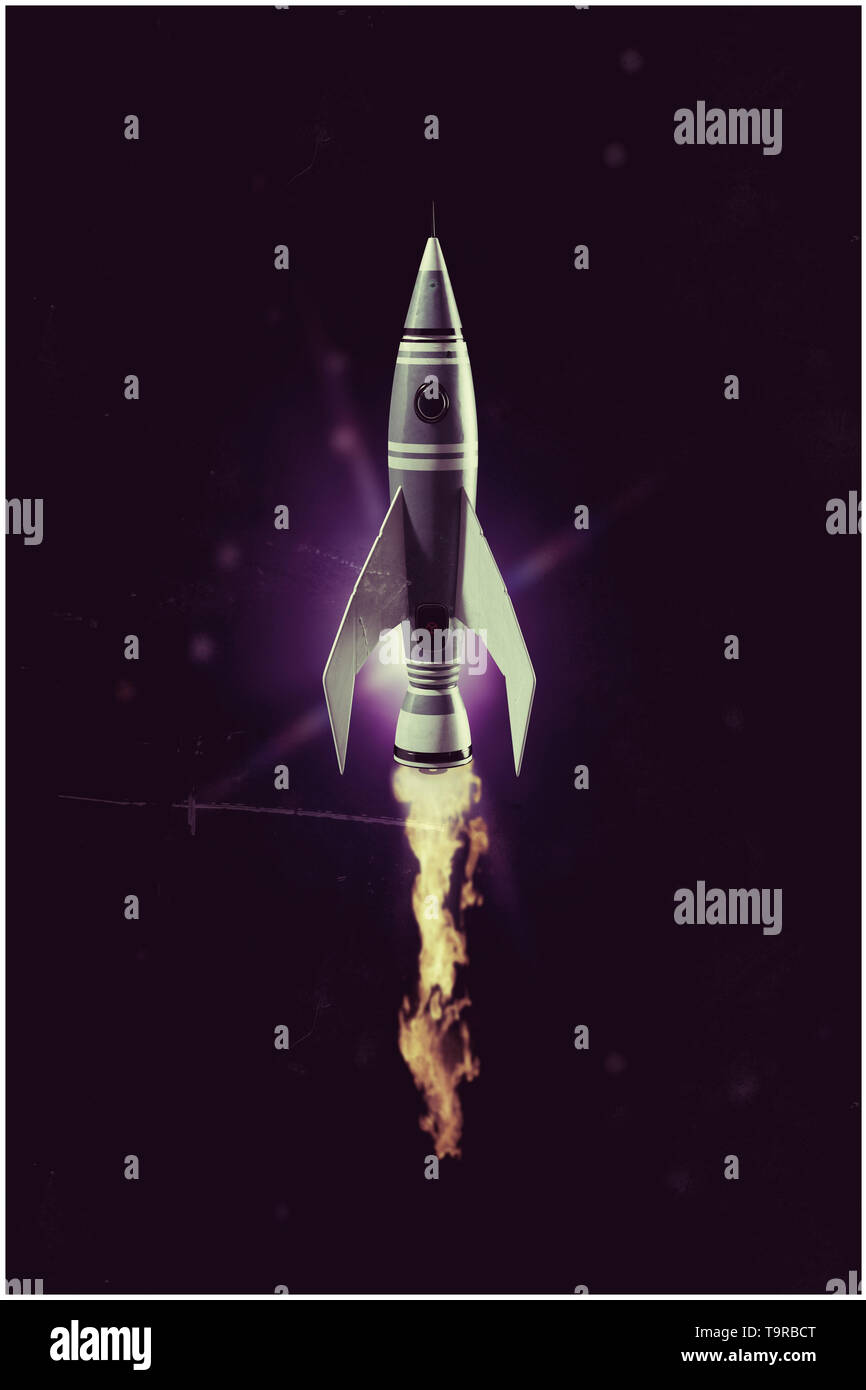 retro space rocket flying through the universe 3d illustration Stock ...