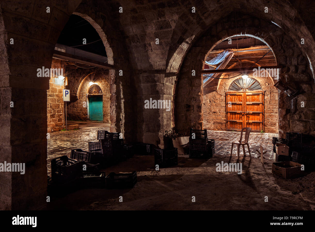 Beautiful old arabic style souk, vintage bazaar at night, no people ...