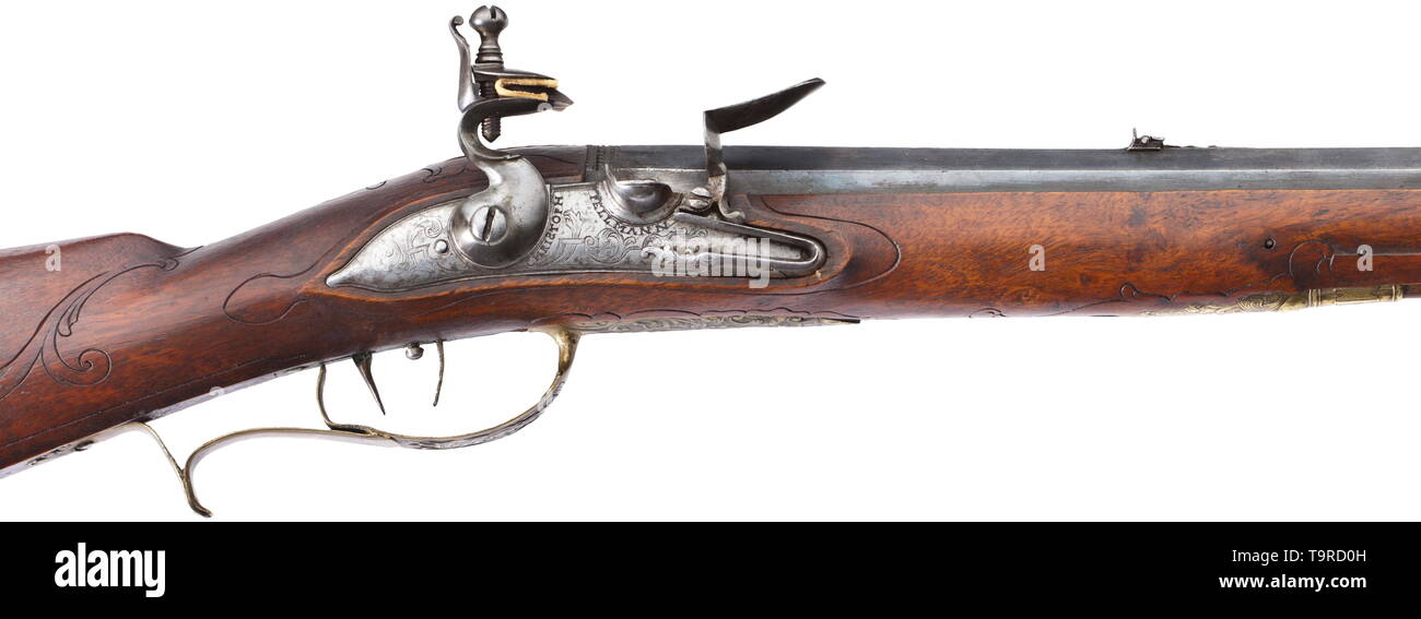 A German flintlock rifle, circa 1740 Heavy octagonal barrel with ...