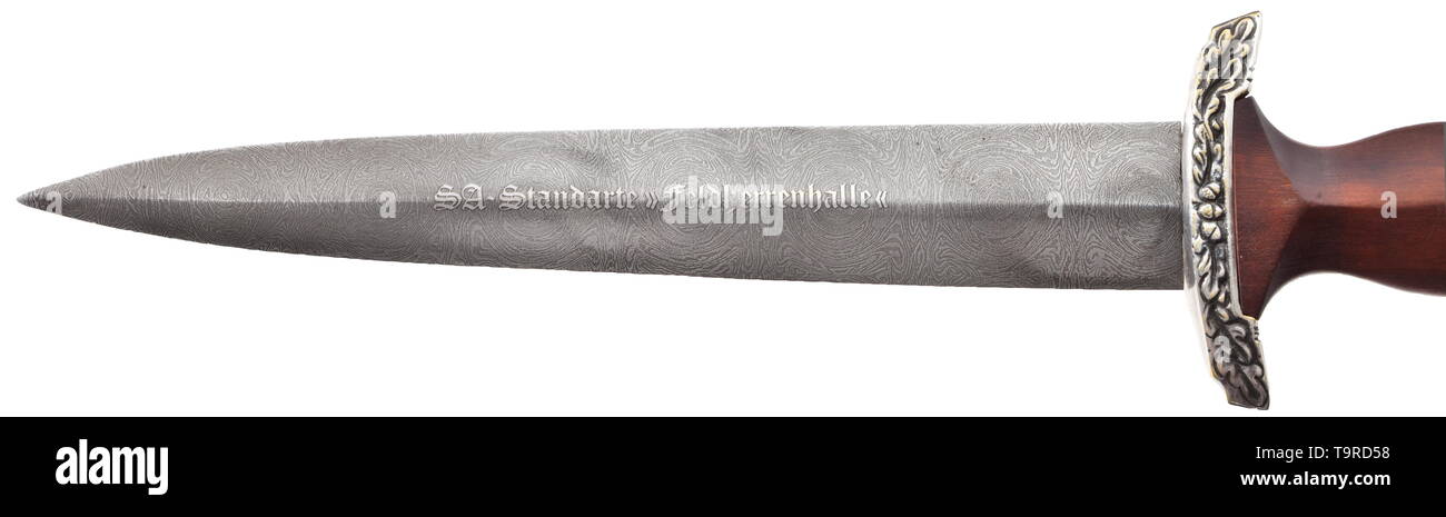 An SA honour dagger Etched Damascus blade with gilt motto, and "SA ...