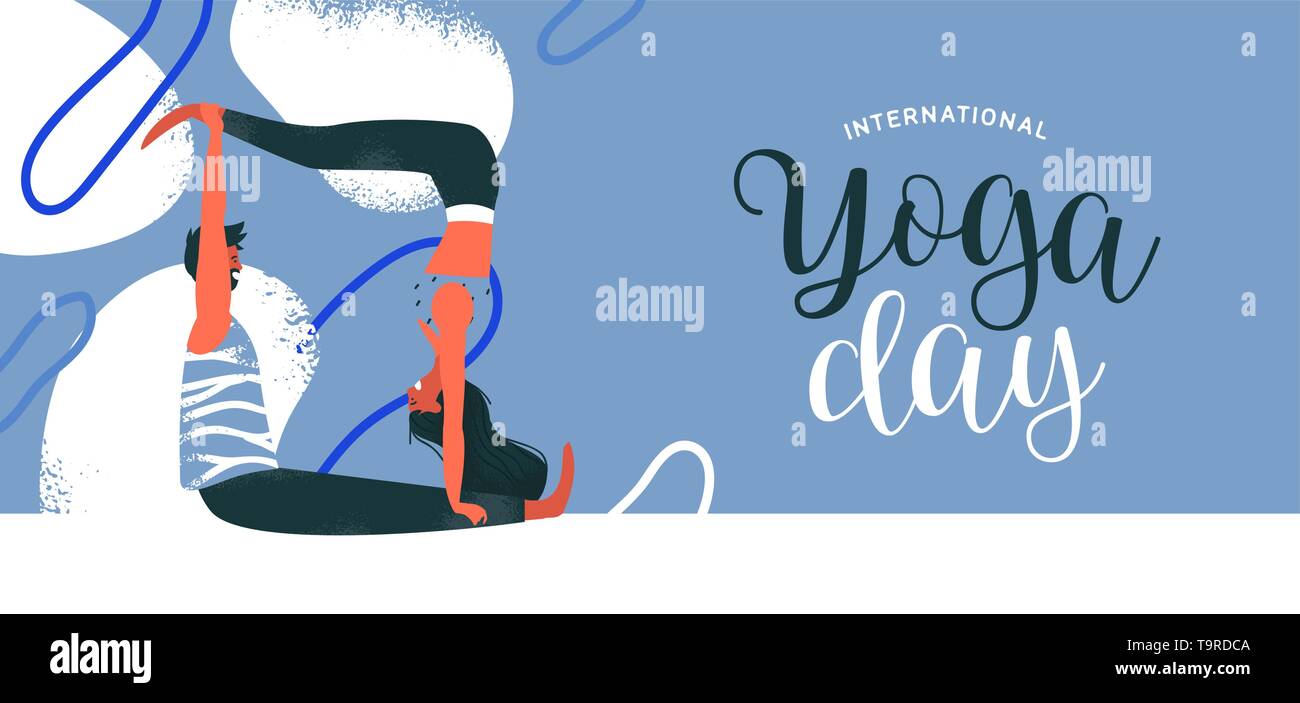 International yoga day banner illustration of happy couple doing ...