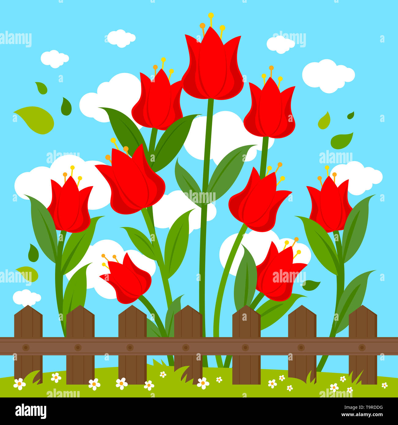 Beautiful garden background with red tulip flowers behind a wooden ...