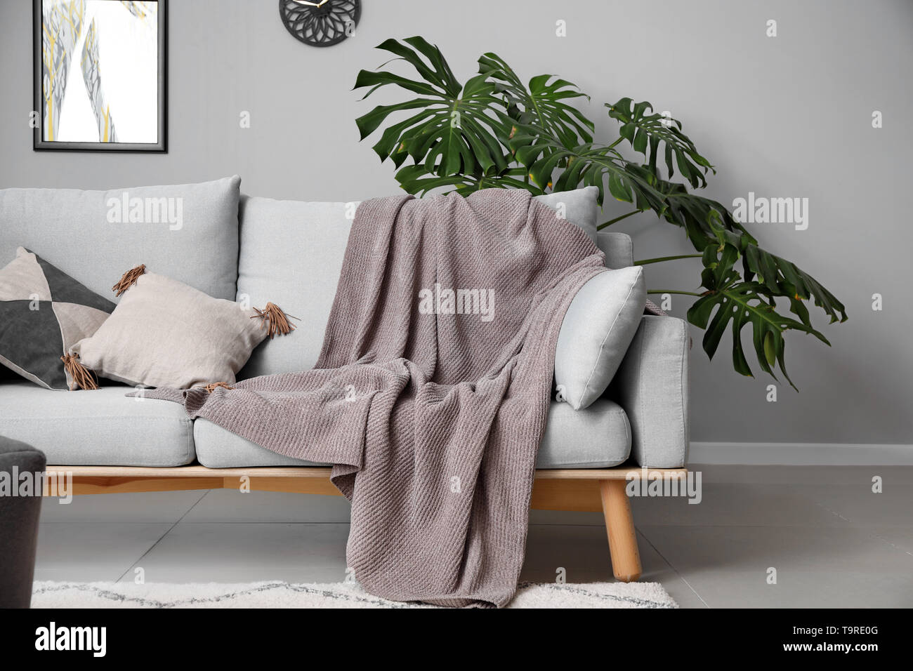 Stylish grey sofa in interior of room Stock Photo - Alamy