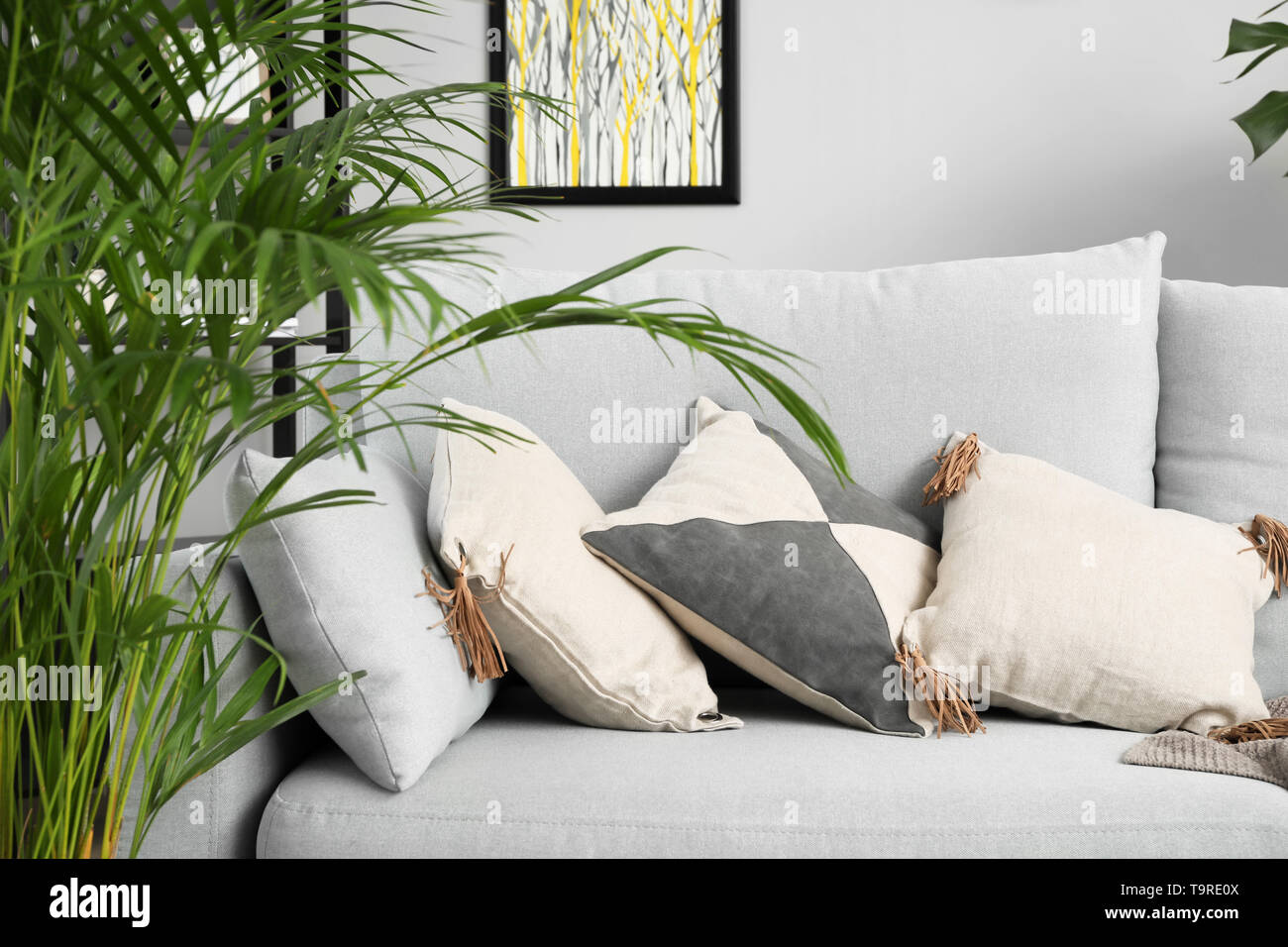 Stylish grey sofa in interior of room Stock Photo - Alamy