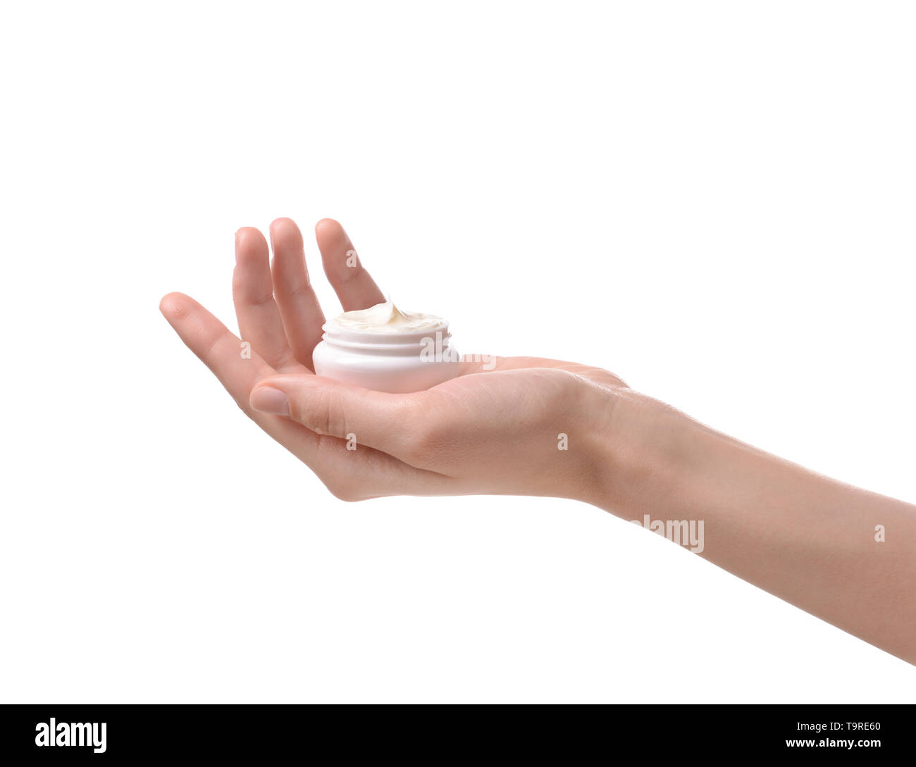 Female hand with jar of cream on white background Stock Photo - Alamy