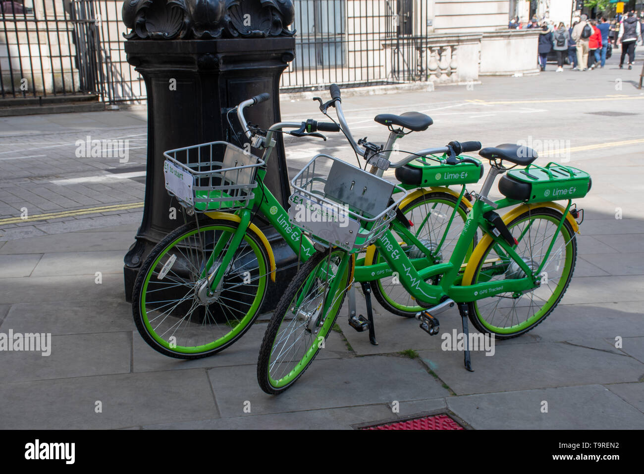 London United Kingdom -12 May 2019: Environmentally friendly lime bikes ...