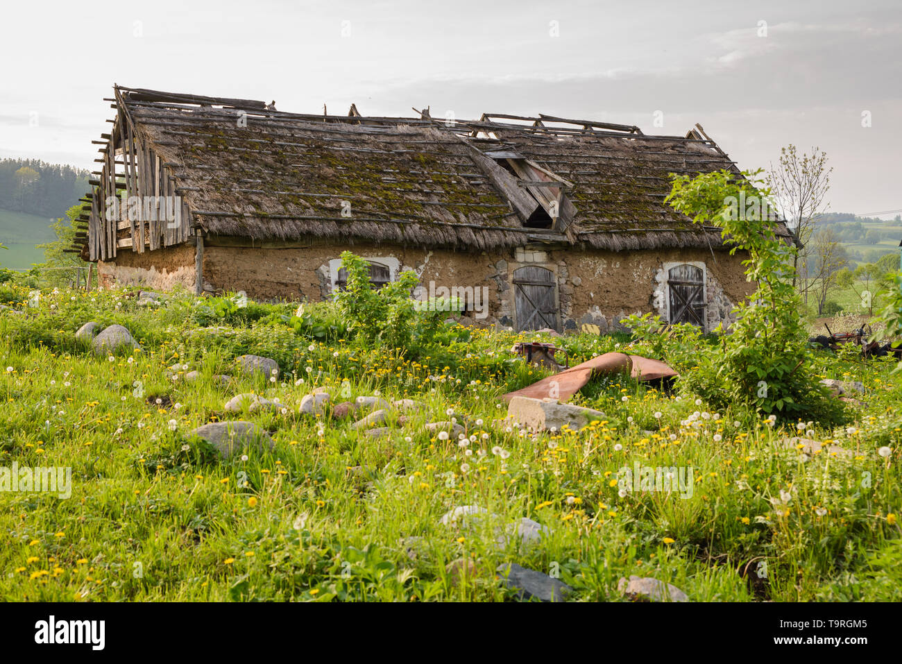 An old, neglected, ruined, abandoned farm building in a poor village ...