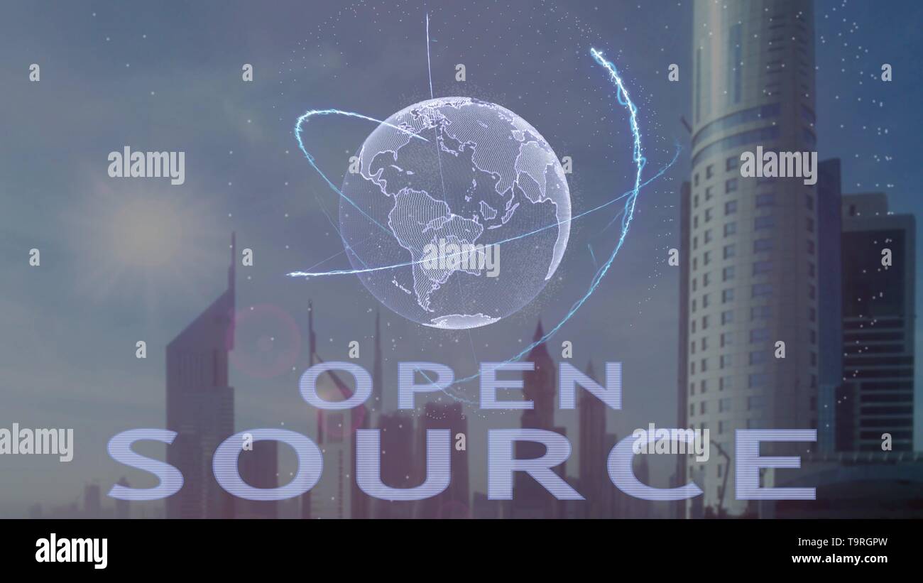 Open source text with 3d hologram of the planet Earth against the ...