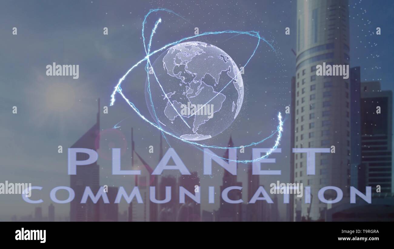 Planet communication text with 3d hologram of the planet Earth against ...