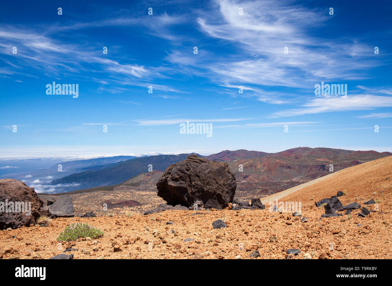 Tenerife, view from hiking path to the summit towards dark lava bombs ...