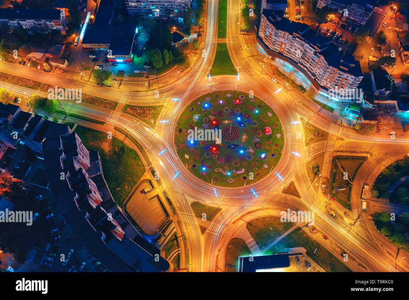 Top view of Road roundabout. Cityscape downtown at night Stock Photo ...