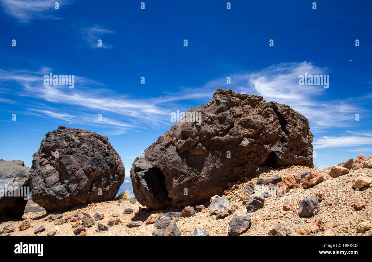 Tenerife, view from hiking path to the summit towards dark lava bombs ...