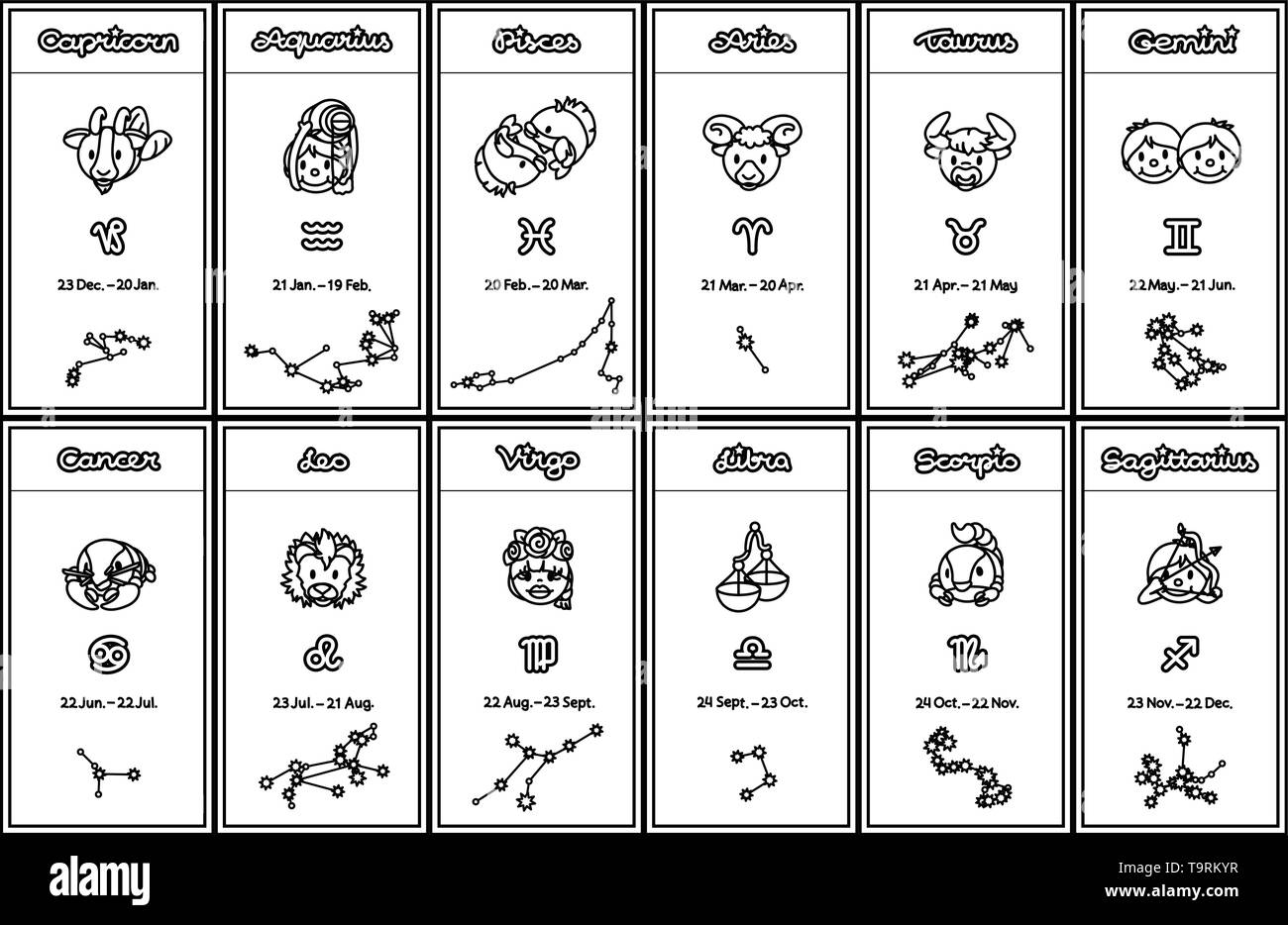 vector line Zodiac poster. Cartoon astrology cards Stock Vector Image ...