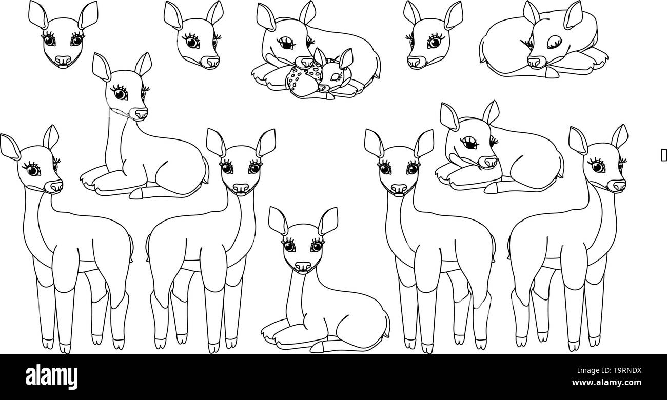 vector line cartoon animal clip art female Red deer set Stock Vector ...