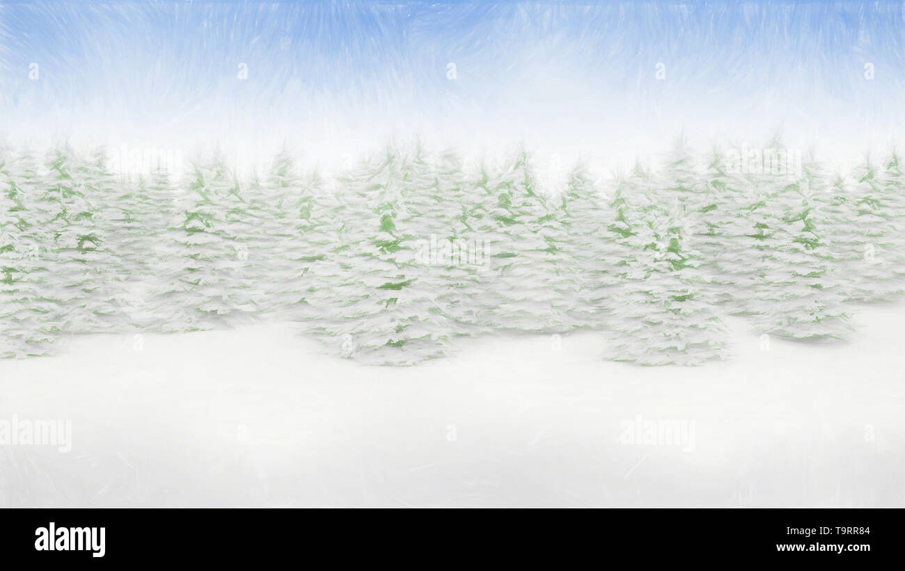 Winter landscape with fir trees and falling snow water colour digital ...