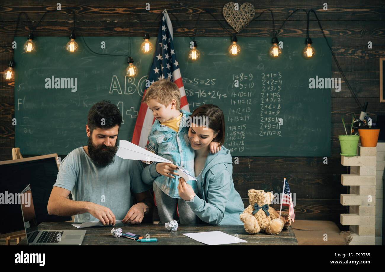 Fun concept. Family have fun in class. Little child and parents enjoy ...