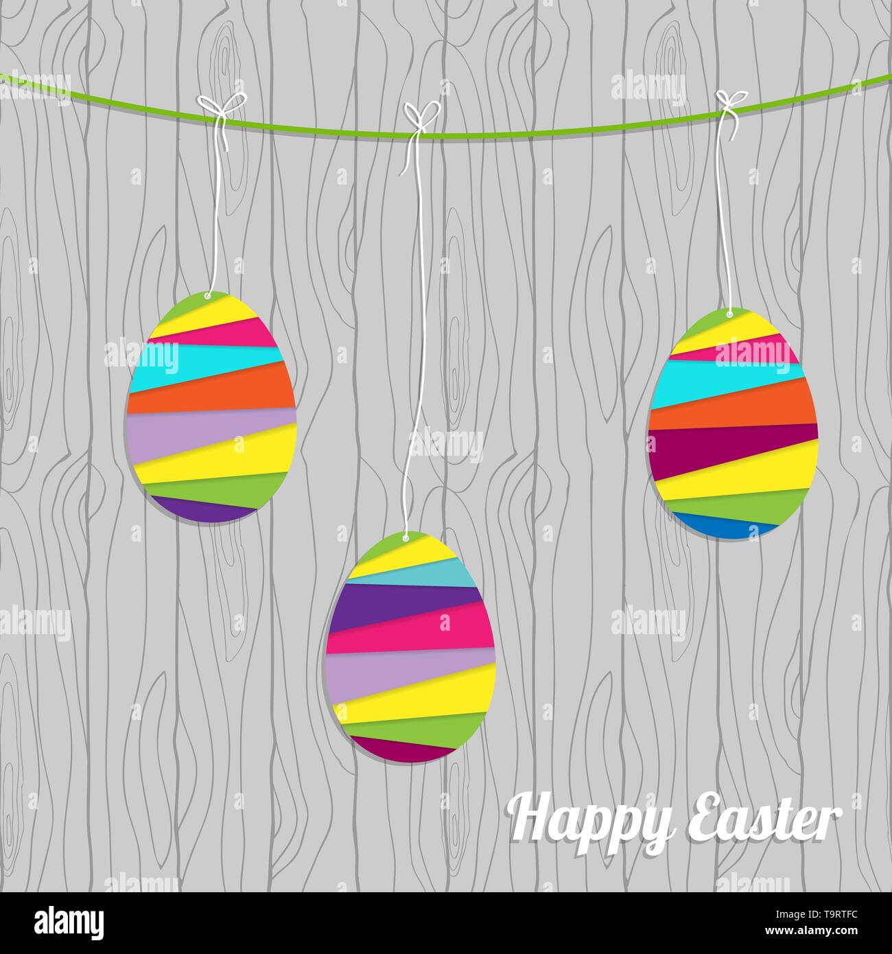 easter card template with striped paper eggs on the wood wall vector ...