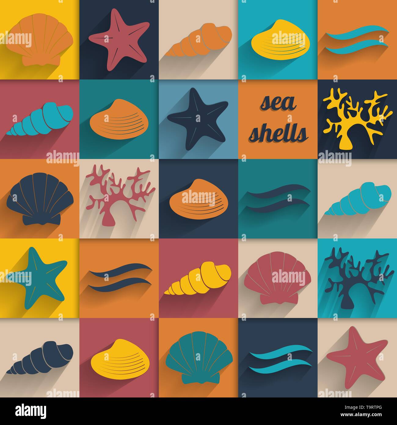 vector card template with hand drawn shells and 3d effect in retro ...