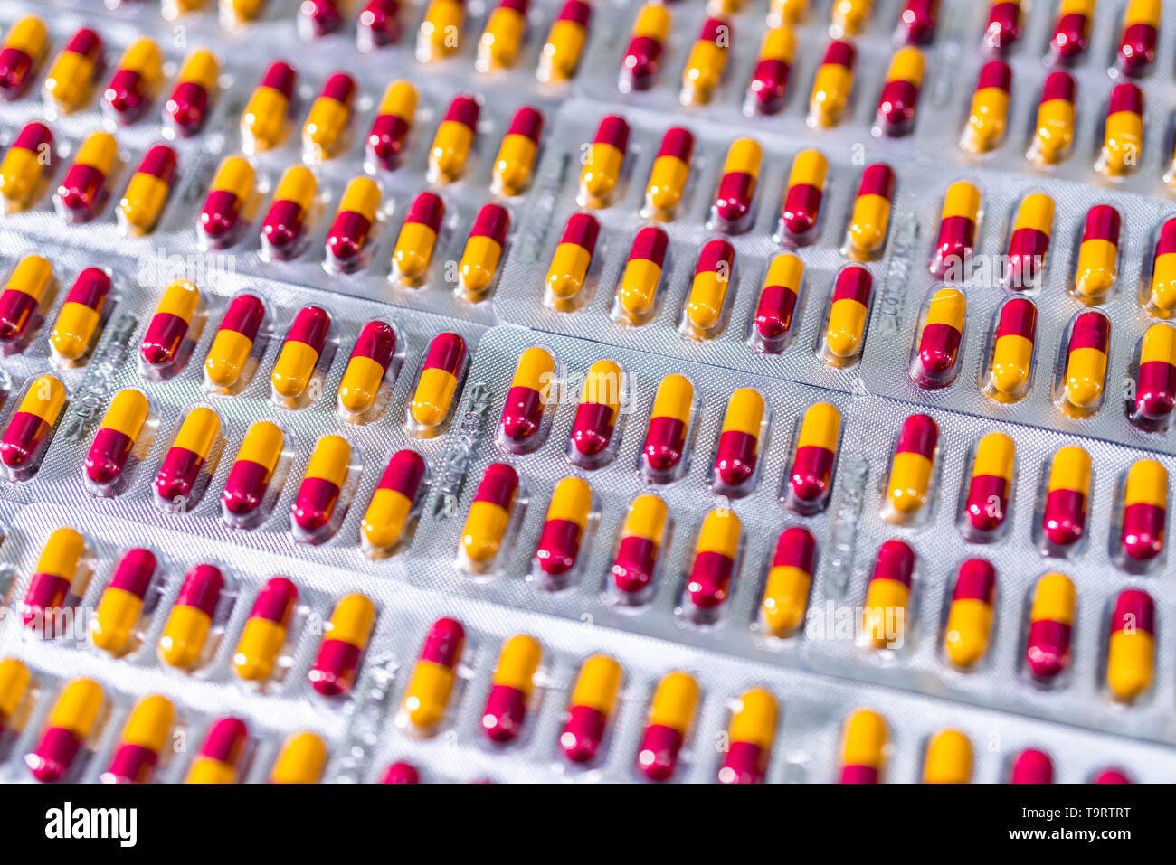 Antibiotic capsule pills in blister pack at production line of ...