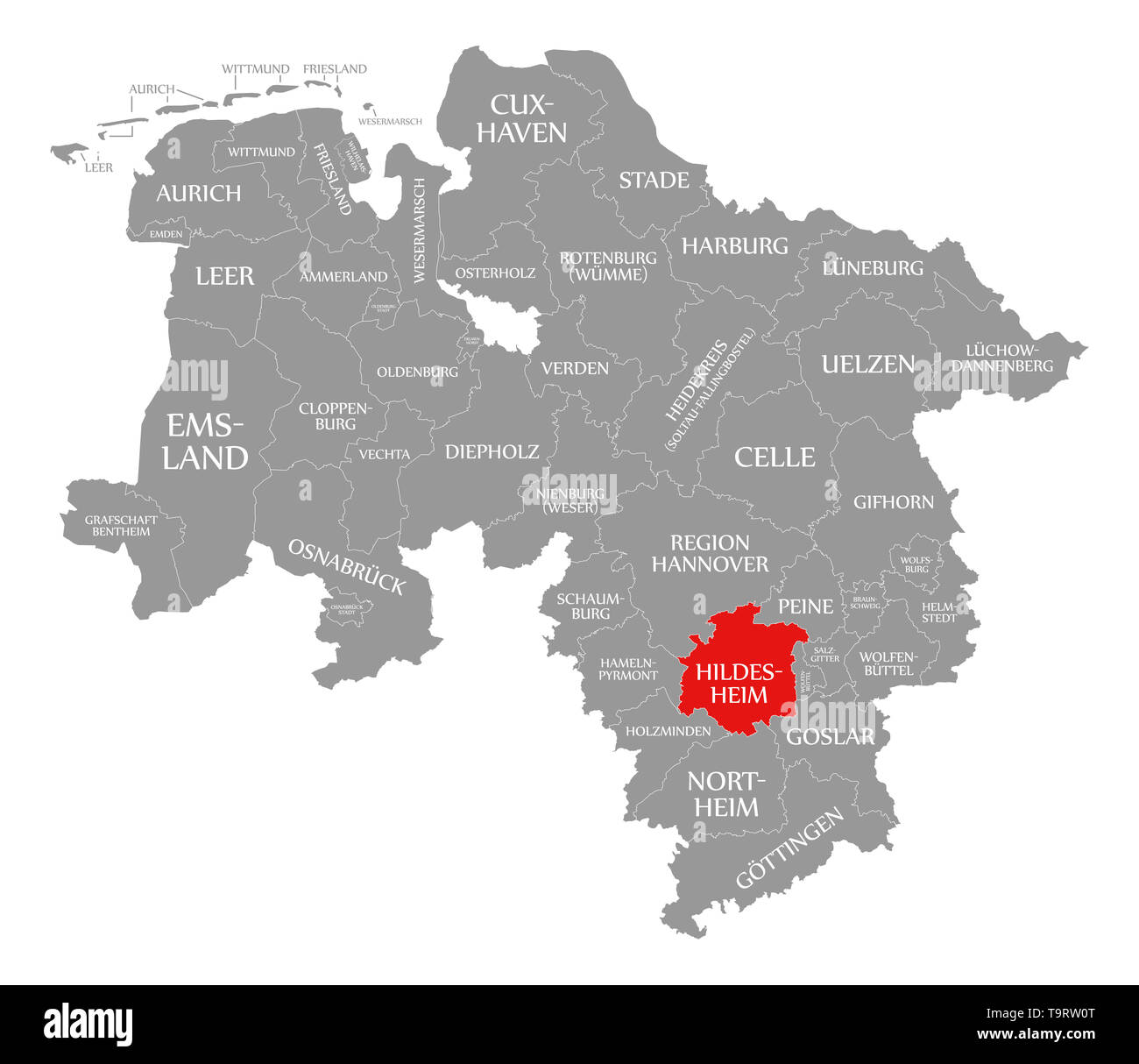 Hildesheim county red highlighted in map of Lower Saxony Germany Stock ...