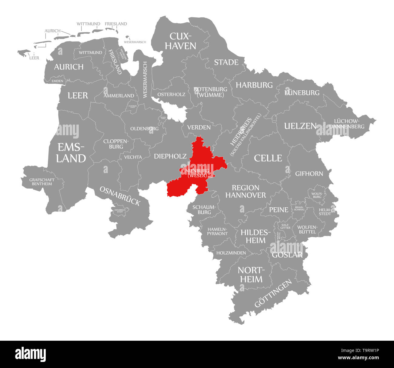 Nienburg county red highlighted in map of Lower Saxony Germany Stock ...