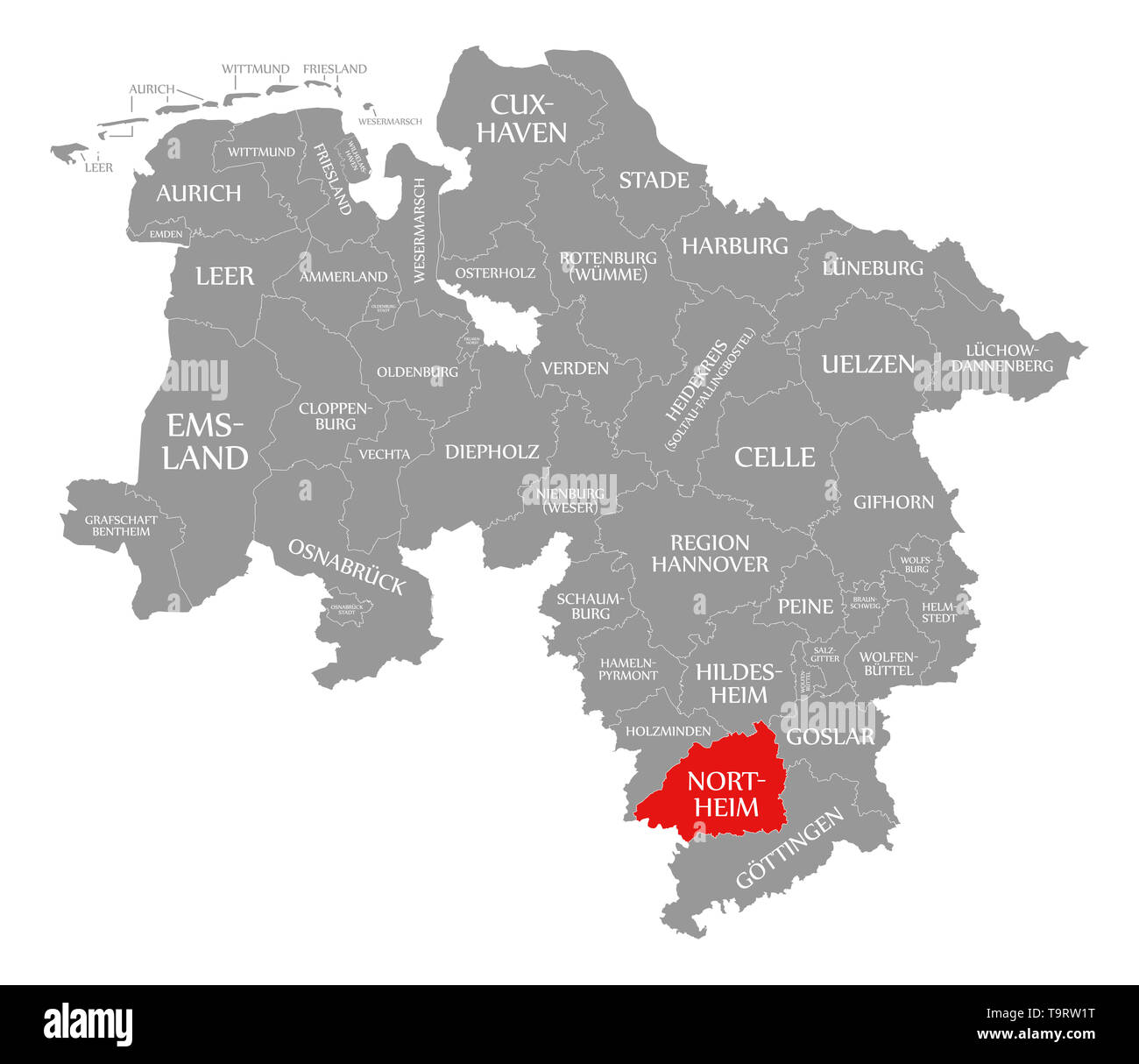 Northeim county red highlighted in map of Lower Saxony Germany Stock ...