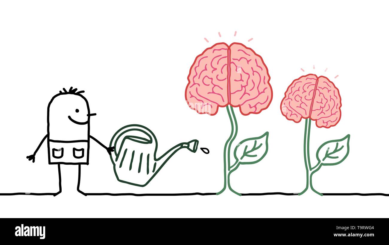 Hand Drawn Cartoon Man Watering Growing Brains Stock Vector Image & Art ...