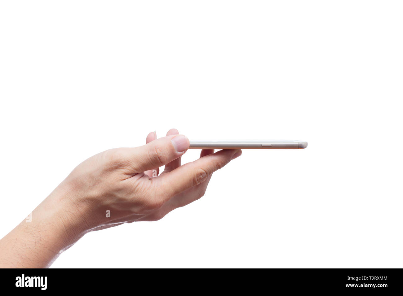 Male Hand with smartphotne screen face up side view isolated on white ...