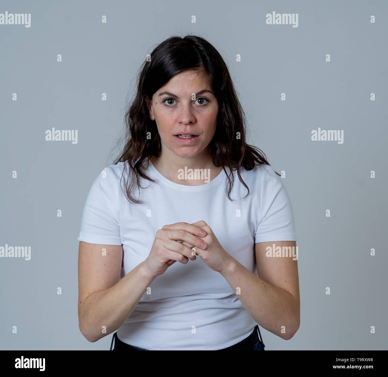 Human emotions and expressions. Portrait of beautiful shocked woman ...