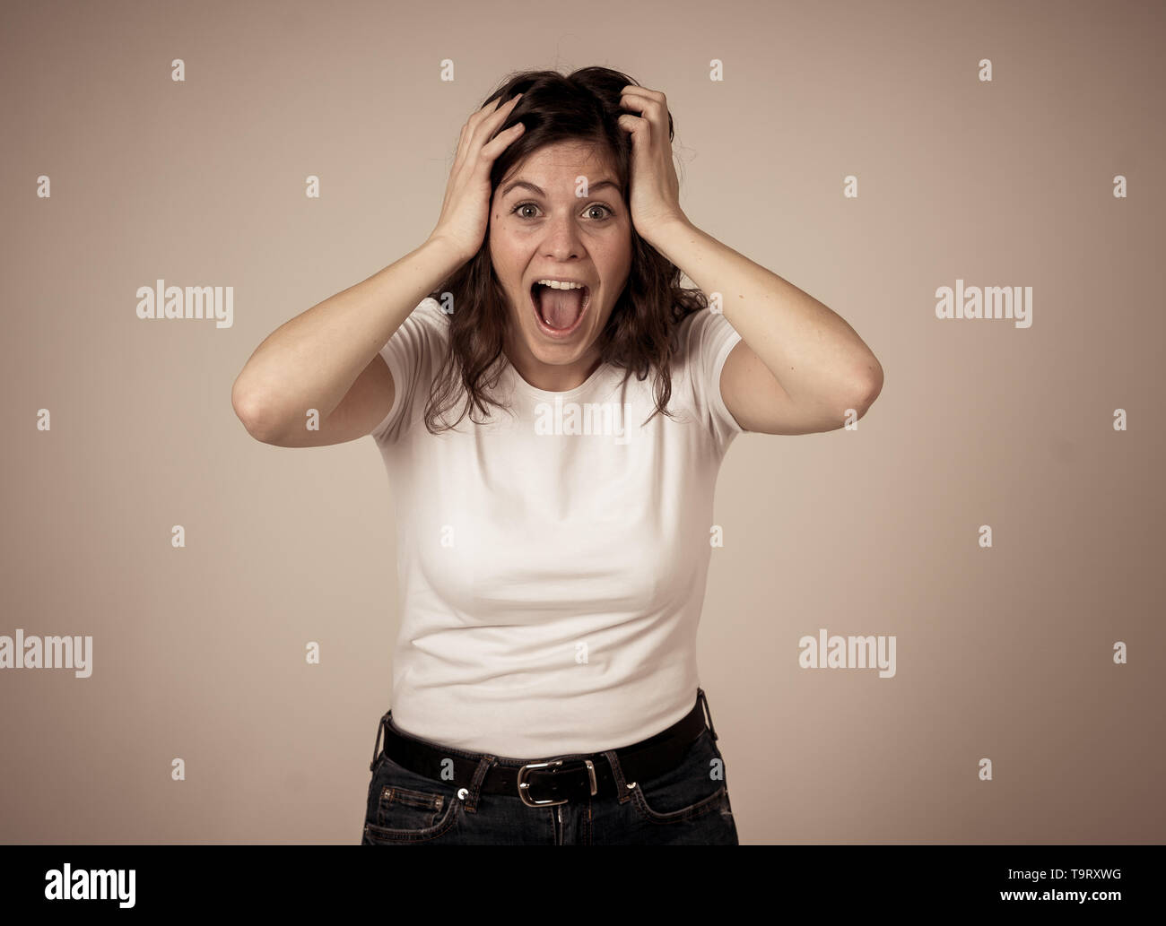 Human emotions and expressions. Portrait of beautiful shocked woman ...