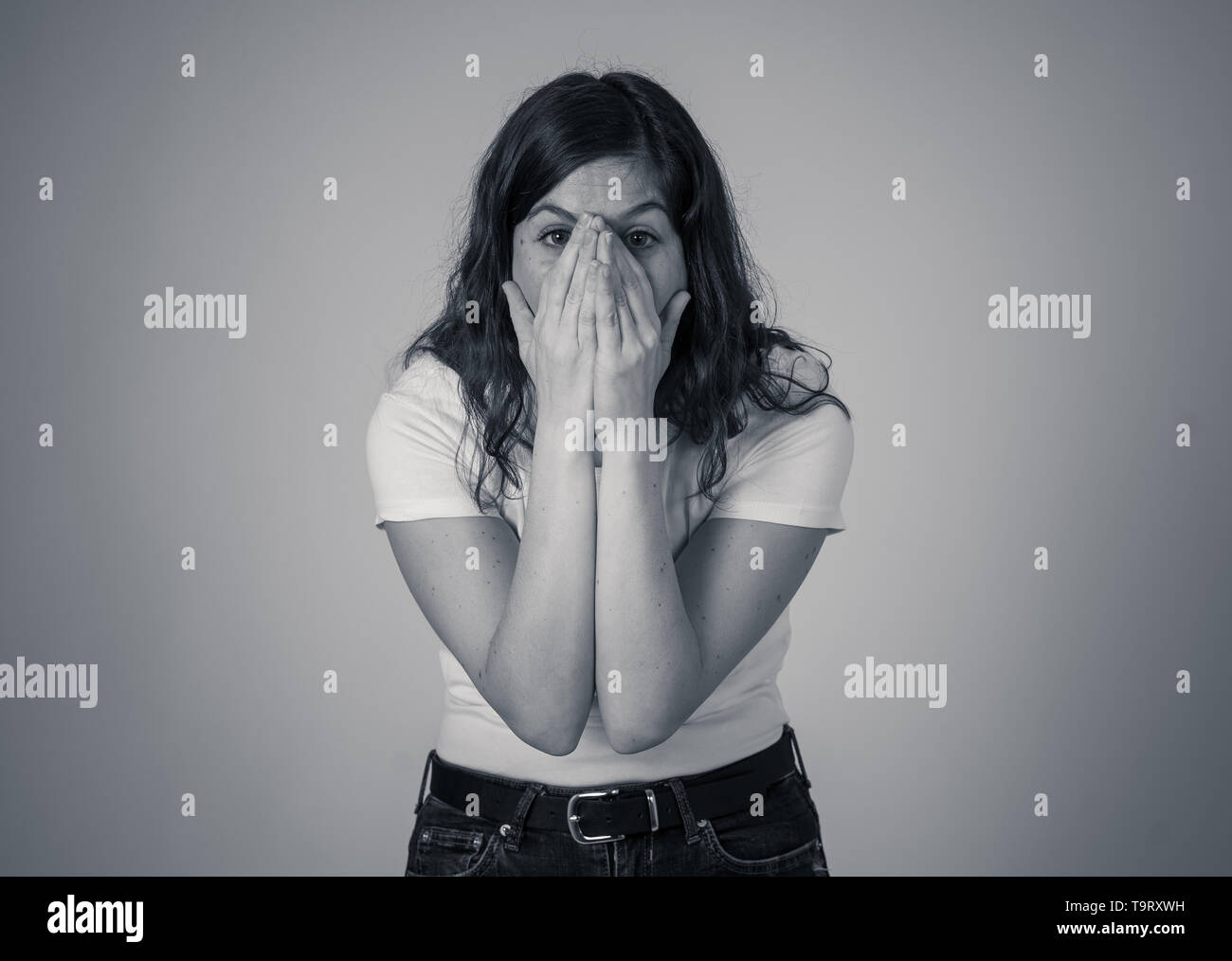 Human emotions and expressions. Portrait of beautiful shocked woman ...